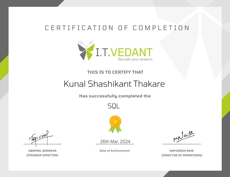 kunal Thakare on LinkedIn: #sql #certification #itvedant #dataanalytics kunal Thakare on LinkedIn: #sql #certification #itvedant #dataanalytics