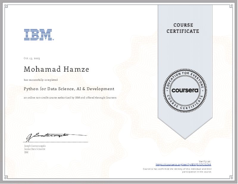 Mohamad Hamze on LinkedIn: #datascience #ai #python #ibm #certification ... Mohamad Hamze on LinkedIn: #datascience #ai #python #ibm #certification ...