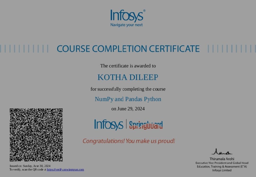 Kotha Dileep on LinkedIn: #numpy #pandas #infosysspringboard Kotha Dileep on LinkedIn: #numpy #pandas #infosysspringboard