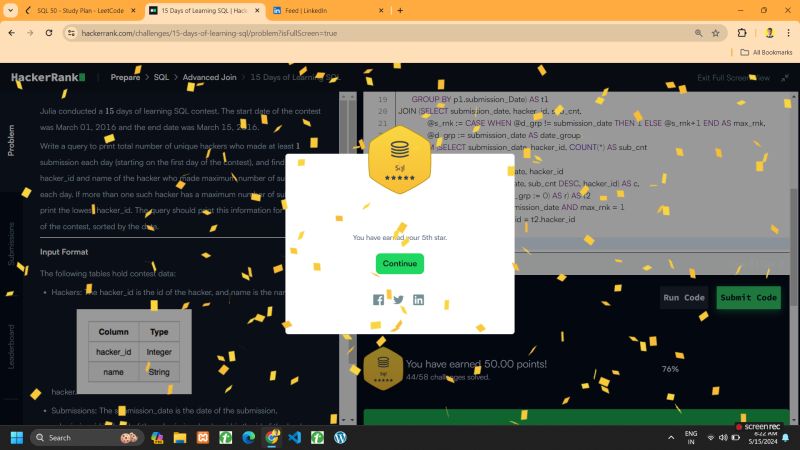 Mahesh Ghongade on LinkedIn: Today I got SQL 5⭐ Badge on HackerRank 100 ... Mahesh Ghongade on LinkedIn: Today I got SQL 5⭐ Badge on HackerRank 100 ...