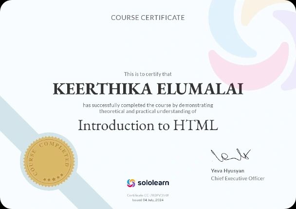 KEERTHIKA ELUMALAI on LinkedIn: Completed Html KEERTHIKA ELUMALAI on LinkedIn: Completed Html