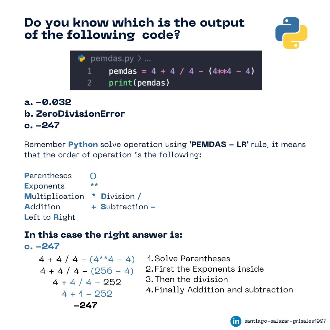 Santiago Salazar on LinkedIn: #100daysofcode #python #pemdas Santiago Salazar on LinkedIn: #100daysofcode #python #pemdas