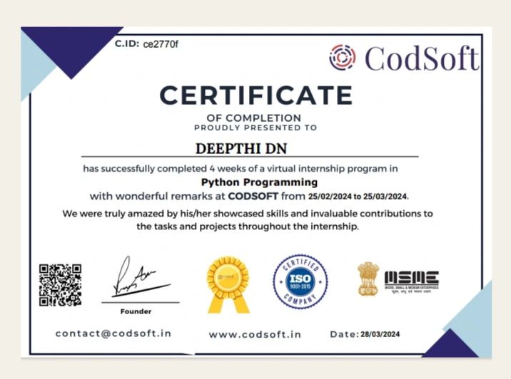 Deepthi D N on LinkedIn: Internship certificate based on python programming Deepthi D N on LinkedIn: Internship certificate based on python programming