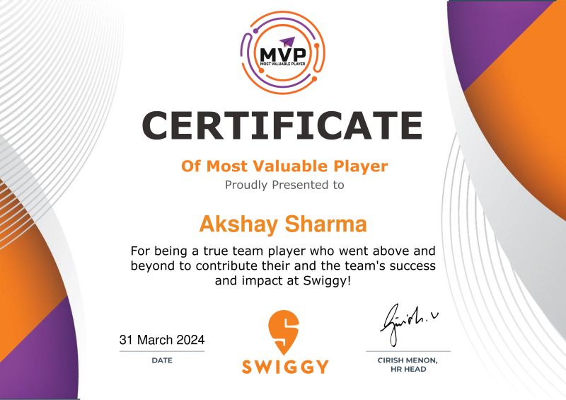 Akshay Sharma on LinkedIn: #mvp #swiggy #recognition #gratitude #success Akshay Sharma on LinkedIn: #mvp #swiggy #recognition #gratitude #success