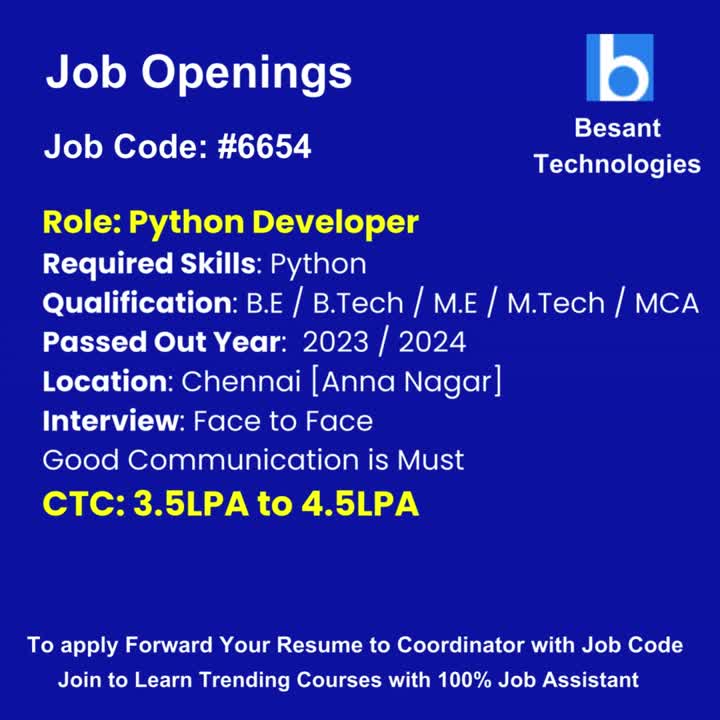 Besant Technologies on LinkedIn: #pythondeveloper #python #jobvancany # ... Besant Technologies on LinkedIn: #pythondeveloper #python #jobvancany # ...