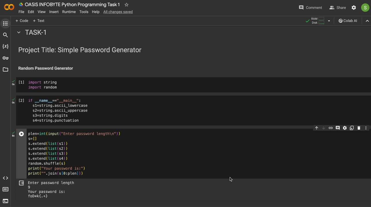 Created a simple password generator for Oasis Infobyte | Sathwik Reddy ... Created a simple password generator for Oasis Infobyte | Sathwik Reddy ...