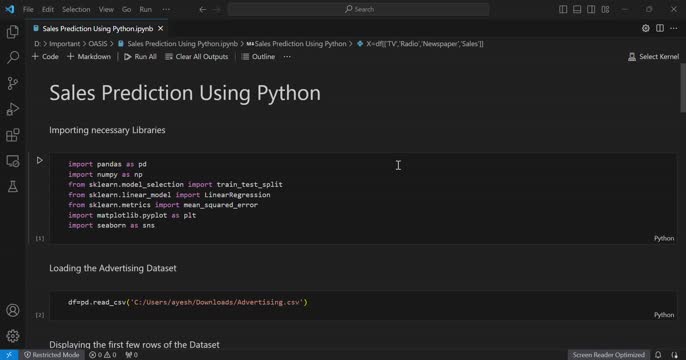 Shaik Ayesha Farhana on LinkedIn: TASK-5:SALES PREDICTION USING PYTHON Shaik Ayesha Farhana on LinkedIn: TASK-5:SALES PREDICTION USING PYTHON