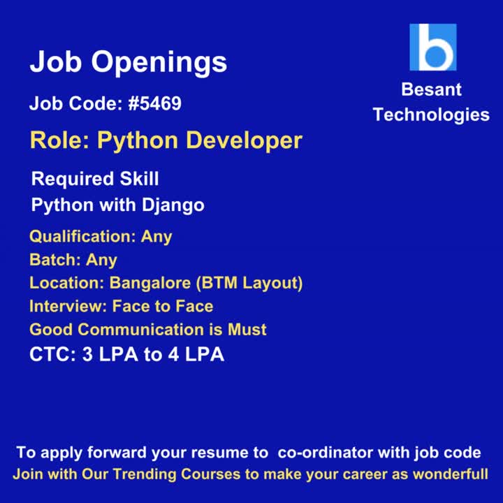 Besant Technologies on LinkedIn: #python #pythondeveloper #django # ... Besant Technologies on LinkedIn: #python #pythondeveloper #django # ...