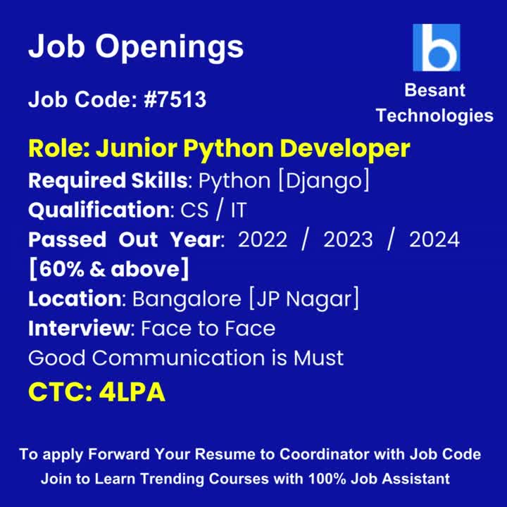 Besant Technologies on LinkedIn: #python #django #pythondeveloper # ... Besant Technologies on LinkedIn: #python #django #pythondeveloper # ...