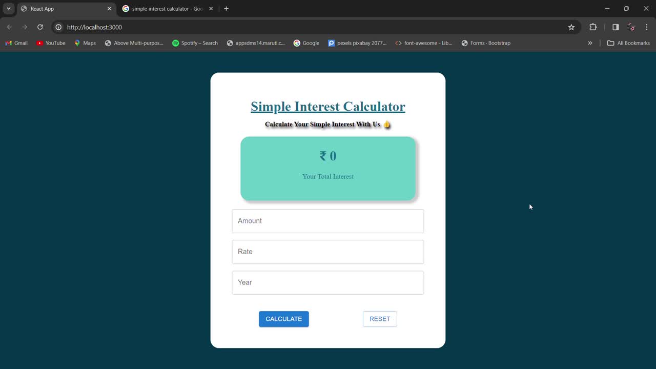My resent project: simple interest calculator. React, HTML5,CSS3, React ... My resent project: simple interest calculator. React, HTML5,CSS3, React ...