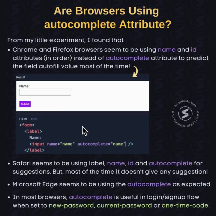 Shripal Soni on LinkedIn: HTML Tip 💡 Are browsers using autocomplete ... Shripal Soni on LinkedIn: HTML Tip 💡 Are browsers using autocomplete ...