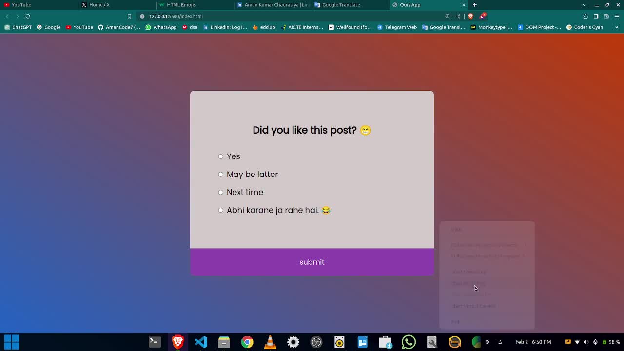Aman Kumar Chaurasiya on LinkedIn: #quizapp #interactivelearning #html ... Aman Kumar Chaurasiya on LinkedIn: #quizapp #interactivelearning #html ...