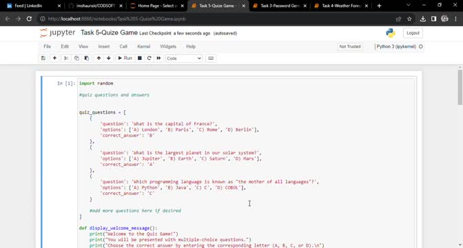 Shaunak Pande on LinkedIn: #codsoft #pythonprogramming #quizgame # ... Shaunak Pande on LinkedIn: #codsoft #pythonprogramming #quizgame # ...