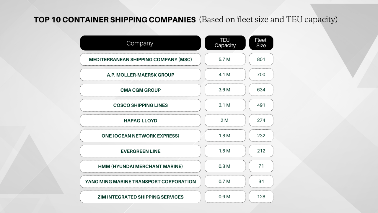 Top 10 Container Shipping Companies (Based on fleet size and TEU capacity) Top 10 Container Shipping Companies (Based on fleet size and TEU capacity)