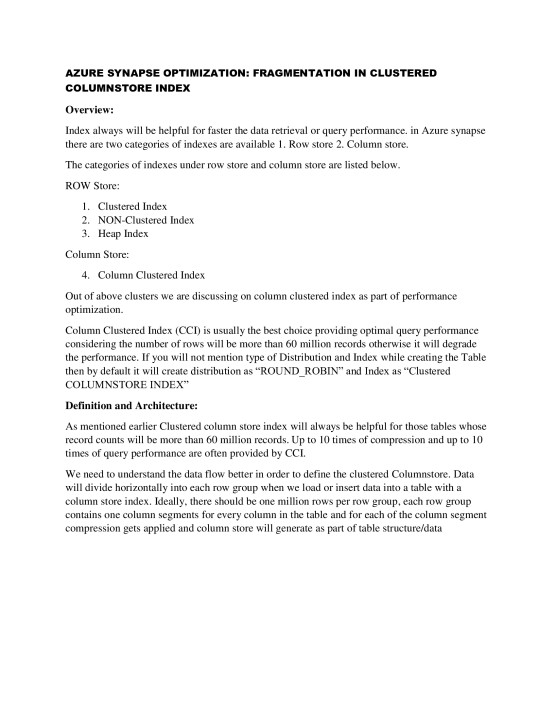 AZURE SYNAPSE OPTIMIZATION: FRAGMENTATION IN CLUSTERED COLUMNSTORE INDEX AZURE SYNAPSE OPTIMIZATION: FRAGMENTATION IN CLUSTERED COLUMNSTORE INDEX