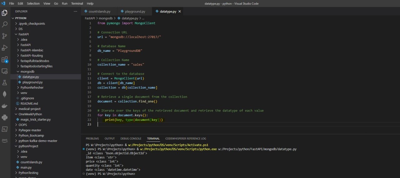 Retrieving Collection Datatypes in MongoDB using Python Retrieving Collection Datatypes in MongoDB using Python