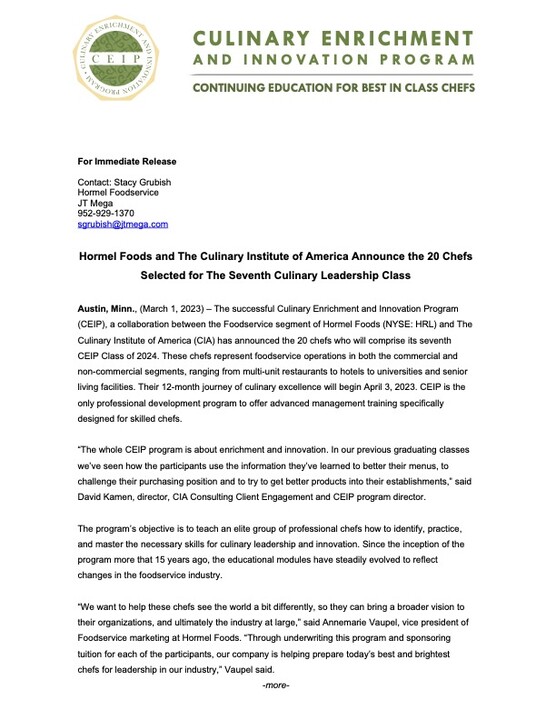 Hormel Foods and The Culinary Institute of America Announcement Hormel Foods and The Culinary Institute of America Announcement