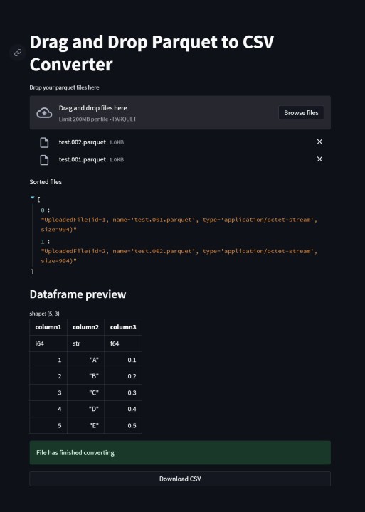 A Streamlit App for Converting Parquet Files to CSV A Streamlit App for Converting Parquet Files to CSV