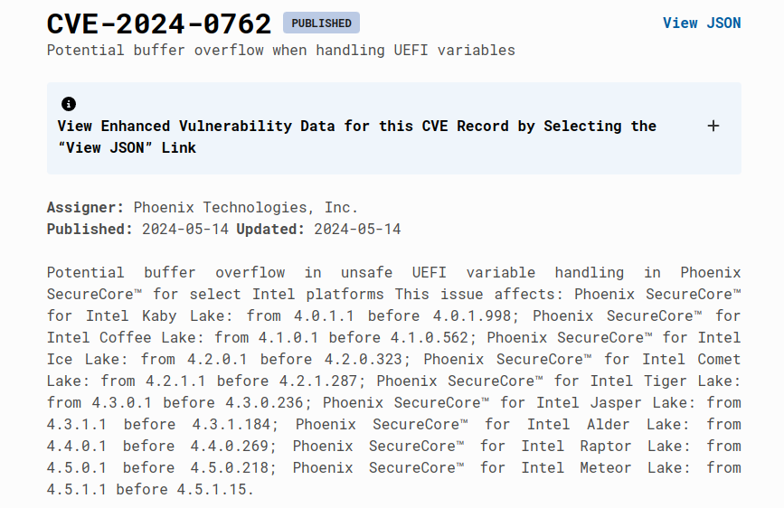 CVE-2024-0762: Potential Buffer Overflow in UEFI Variable Handling CVE-2024-0762: Potential Buffer Overflow in UEFI Variable Handling