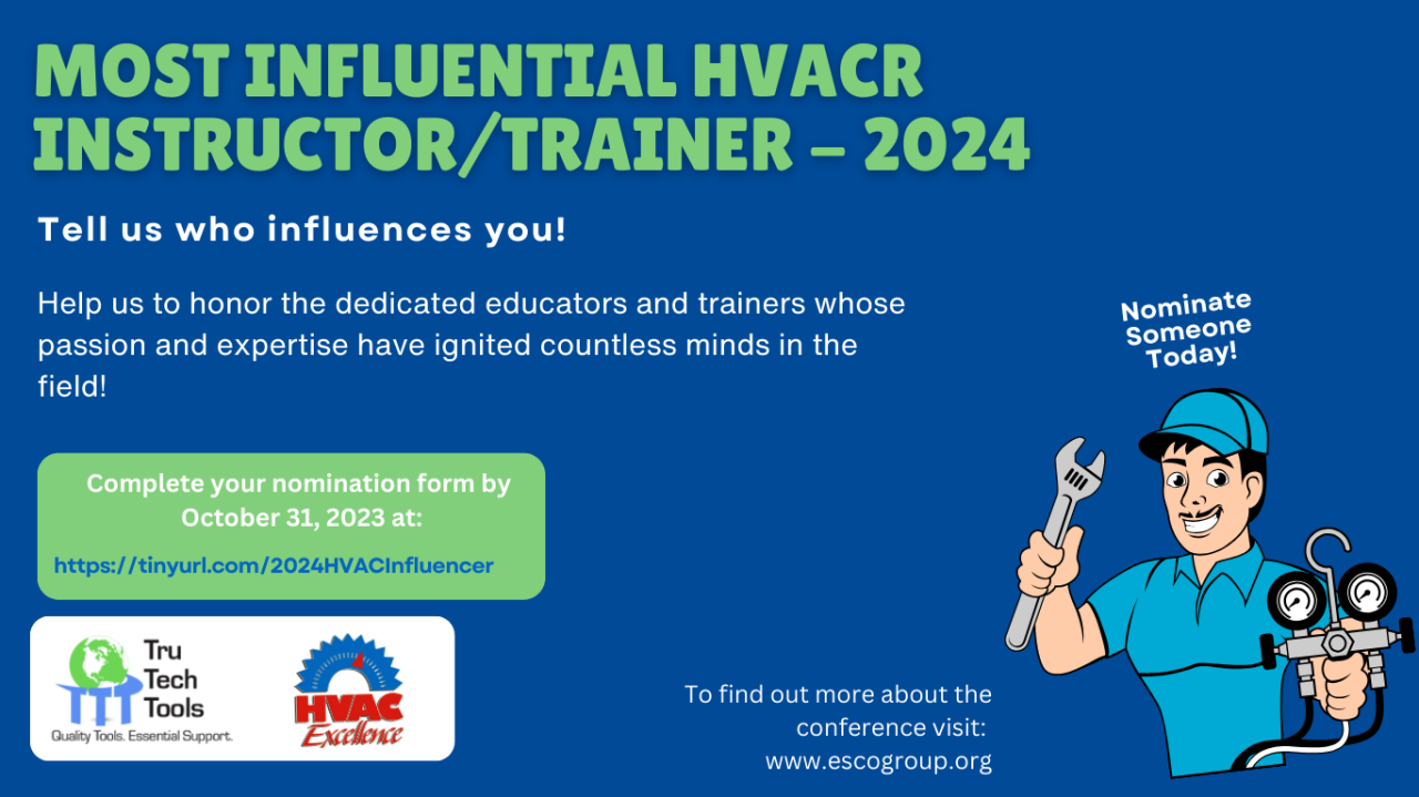 Nominate the HVACR Industry's Most Influential Educator/Trainer Nominate the HVACR Industry's Most Influential Educator/Trainer