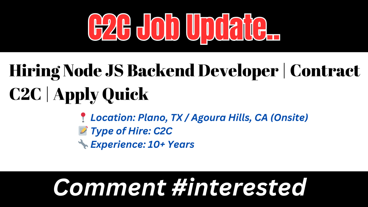 Hiring Node JS Backend Developer | Contract C2C | Apply Quick Hiring Node JS Backend Developer | Contract C2C | Apply Quick