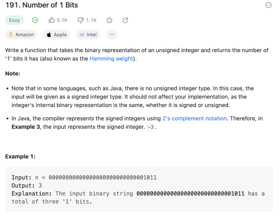 191. Number of 1 Bits 191. Number of 1 Bits