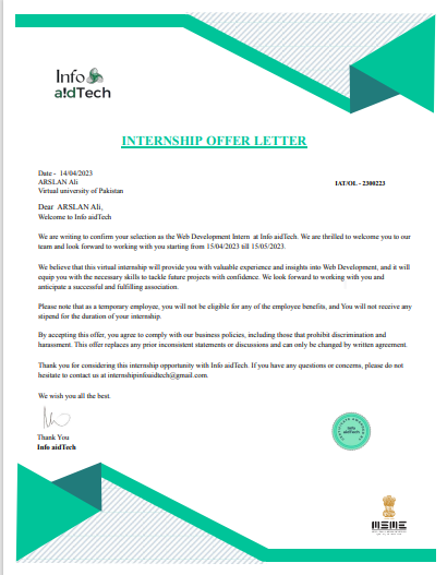 Internship Letter from infoAidTech Internship Letter from infoAidTech