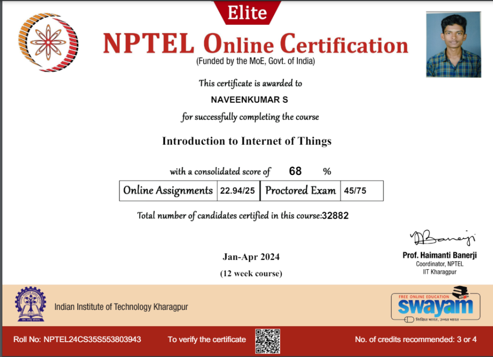 Achievement Unlocked: Elite Certification in IoT from NPTEL Achievement Unlocked: Elite Certification in IoT from NPTEL