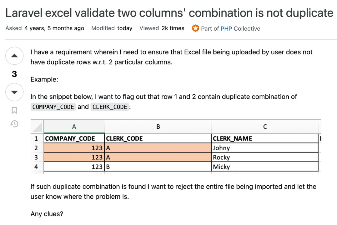 Laravel Excel: How to validate two columns’ combination is not duplicate? Laravel Excel: How to validate two columns’ combination is not duplicate?