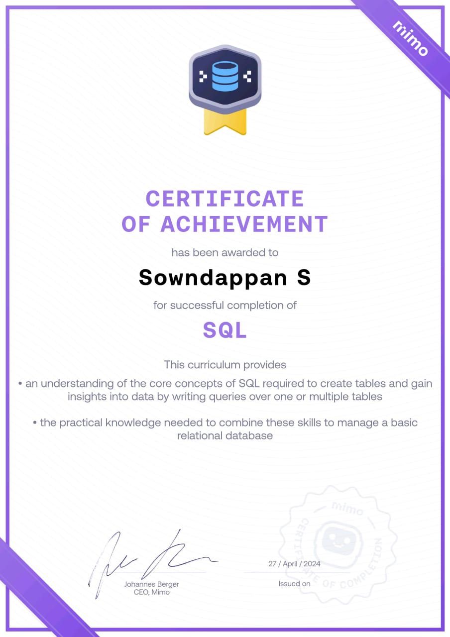Completed SQL course on mimo | SOWNDAPPAN S posted on the topic | LinkedIn Completed SQL course on mimo | SOWNDAPPAN S posted on the topic | LinkedIn