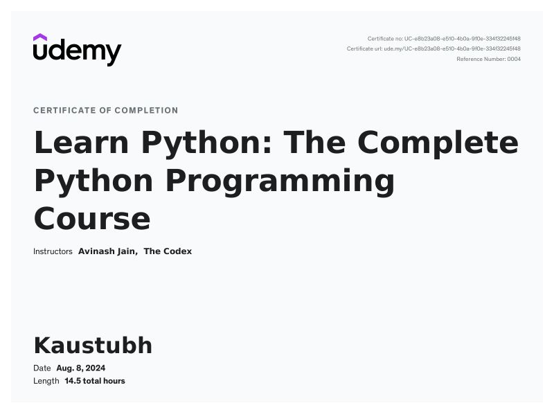 KAUSTUBH SAINI on LinkedIn: #python #udemy #certificate #programming # ... KAUSTUBH SAINI on LinkedIn: #python #udemy #certificate #programming # ...