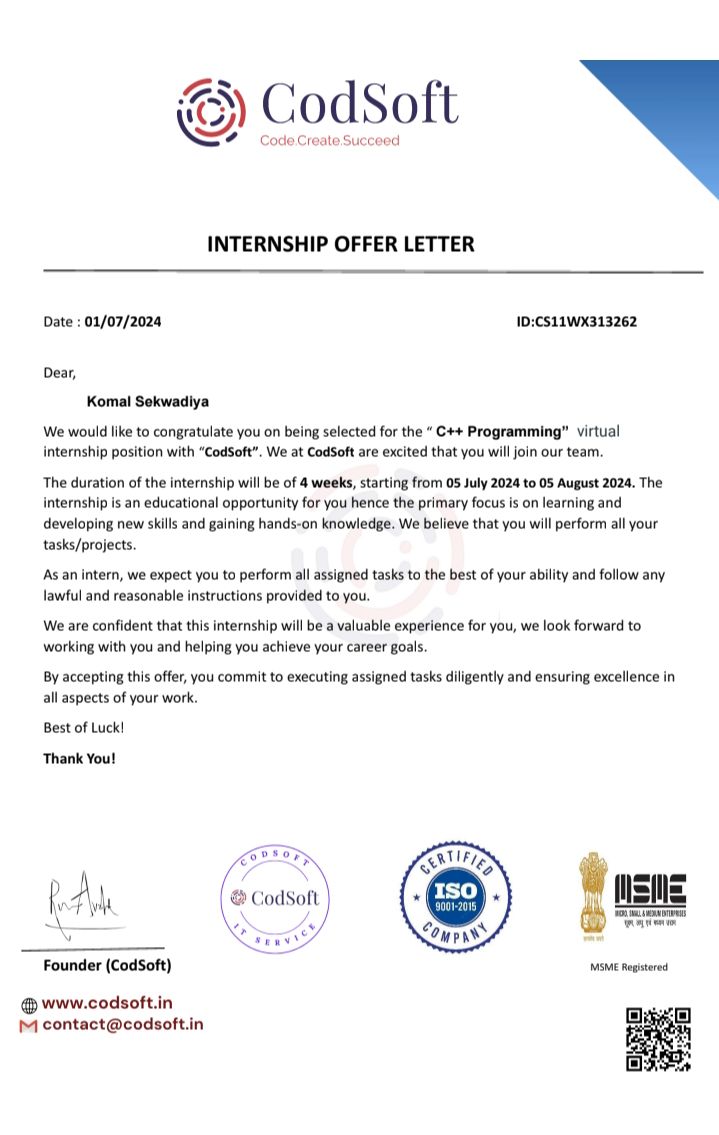 Komal Sekwadiya on LinkedIn: #codsoft #internship #c Komal Sekwadiya on LinkedIn: #codsoft #internship #c