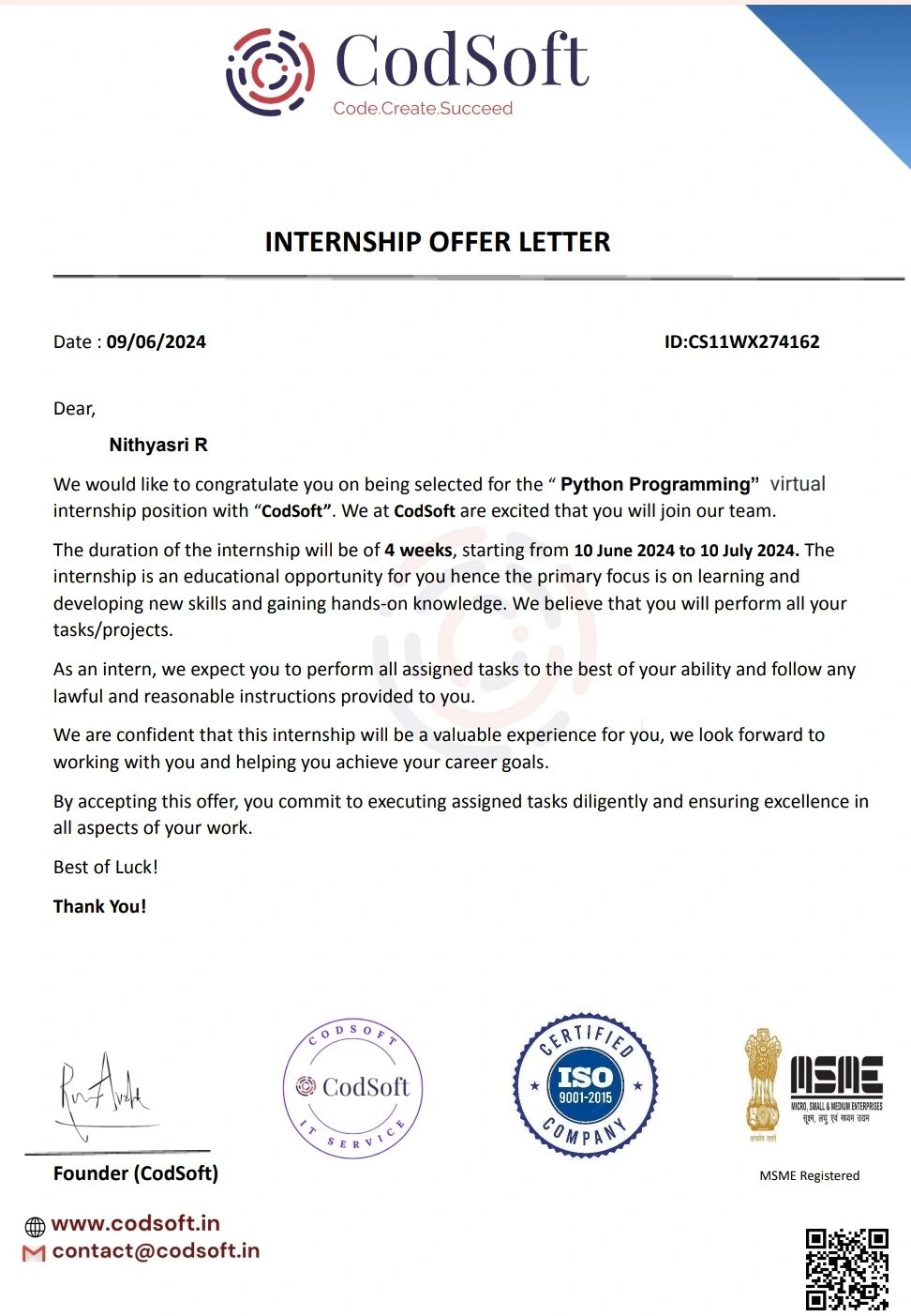 Nithyasri R on LinkedIn: #python #internshipoffer #codsoft # ... Nithyasri R on LinkedIn: #python #internshipoffer #codsoft # ...