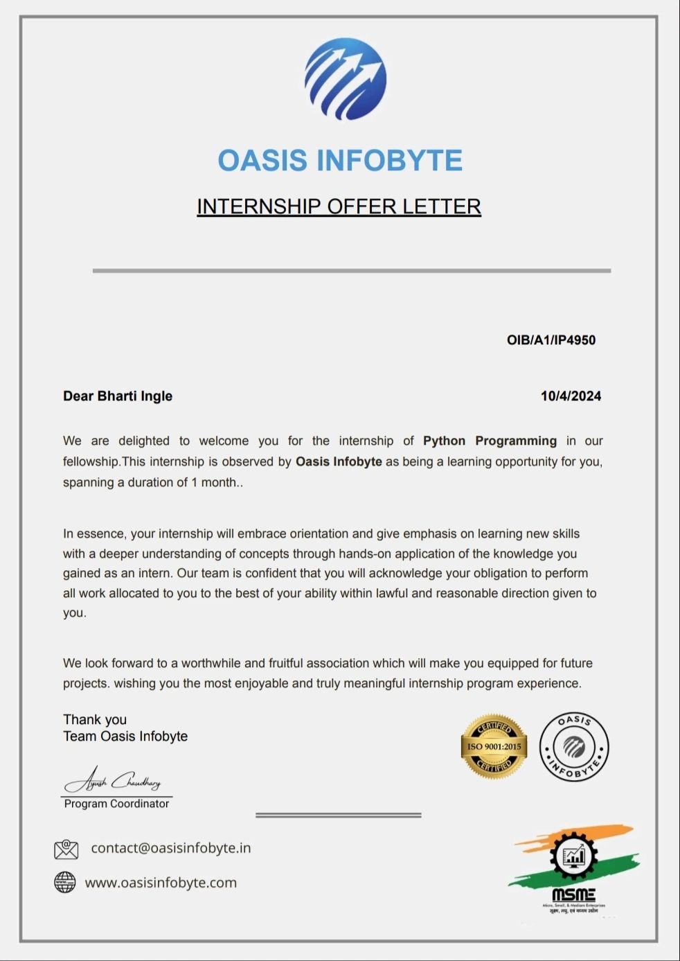 BHARTI INGLE on LinkedIn: #python #programming #oasisinfobyte #internship BHARTI INGLE on LinkedIn: #python #programming #oasisinfobyte #internship