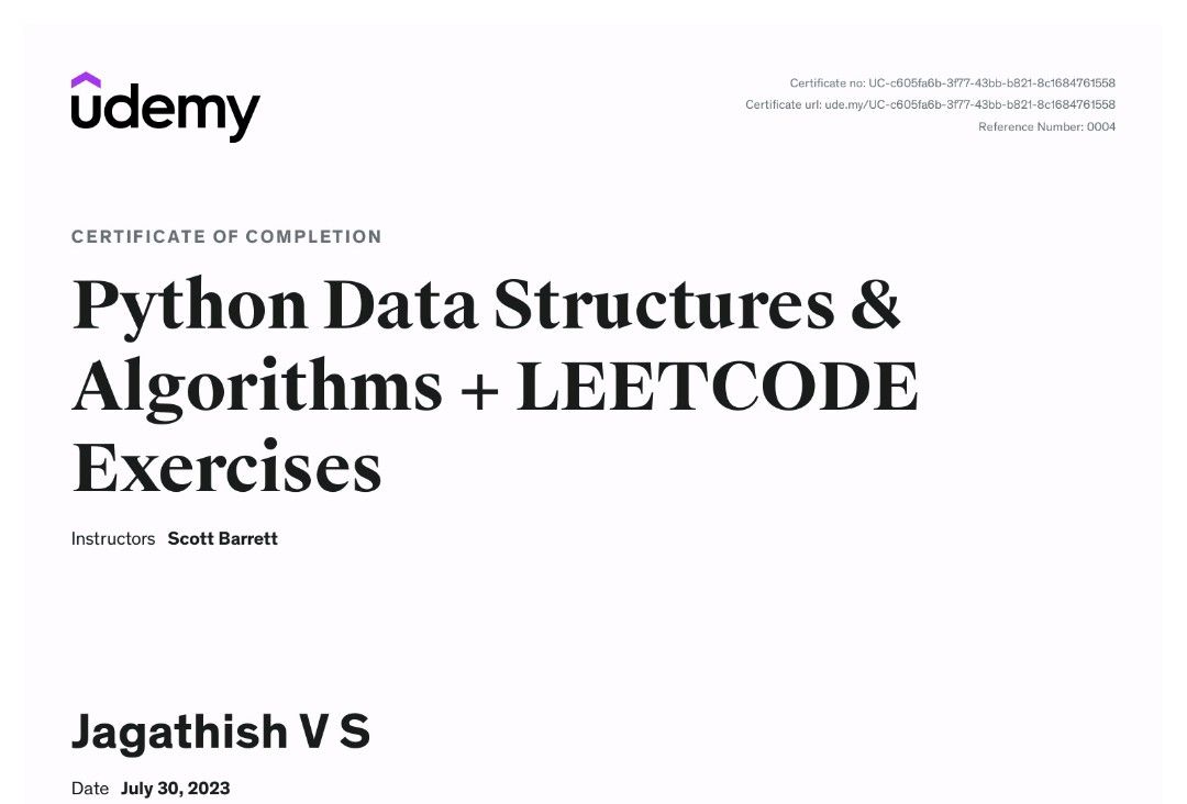 V S Jagathish on LinkedIn: #datastructure #algorithm #python #certification V S Jagathish on LinkedIn: #datastructure #algorithm #python #certification