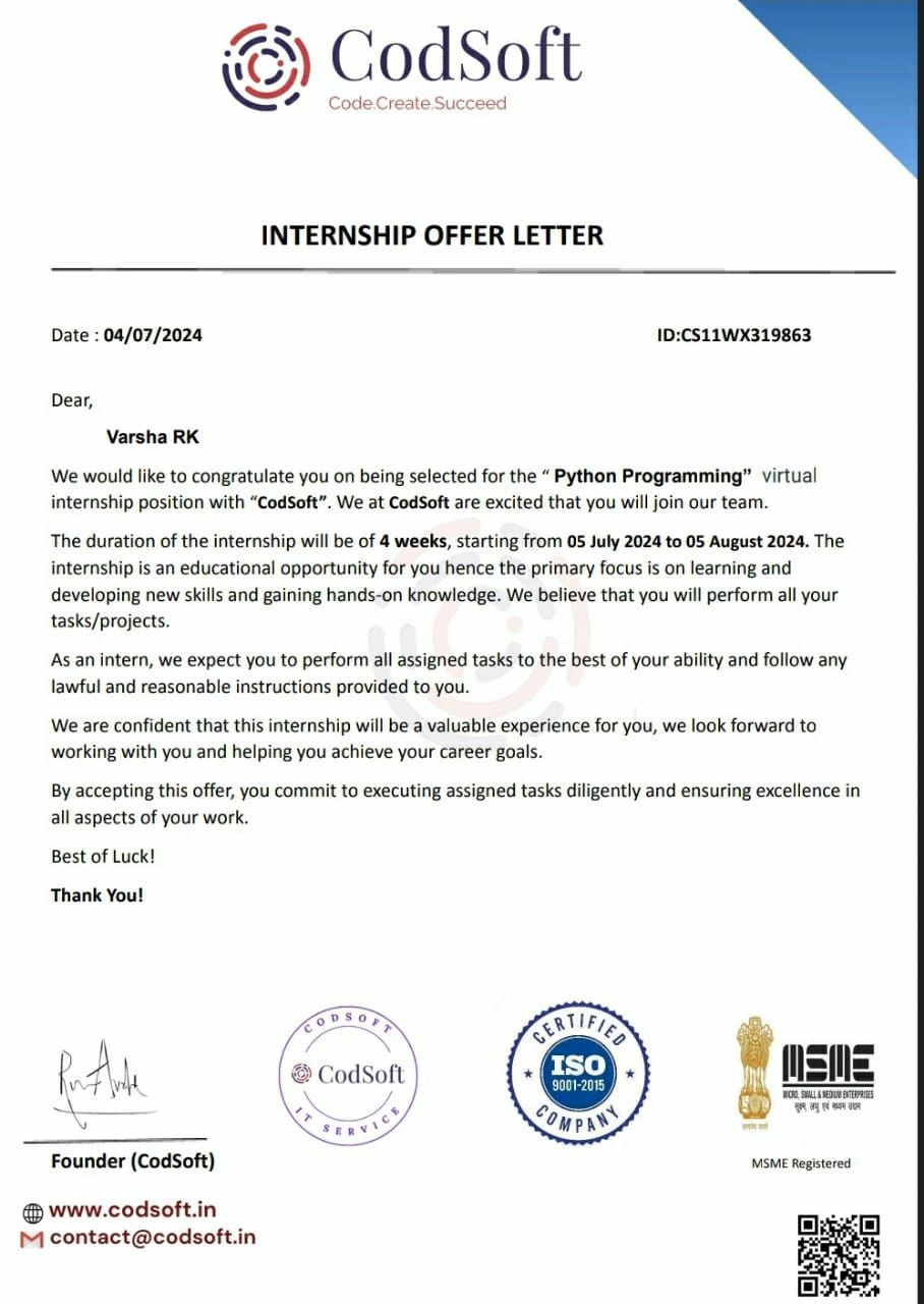 Varsha RK on LinkedIn: #internship #codsoft #python Varsha RK on LinkedIn: #internship #codsoft #python
