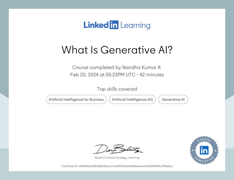Nandha Kumar R on LinkedIn: Certificate of Completion Nandha Kumar R on LinkedIn: Certificate of Completion