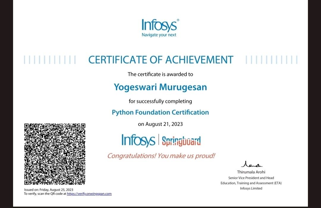 Yogeswari Murugesan on LinkedIn: Thrilled to share that I had completed ... Yogeswari Murugesan on LinkedIn: Thrilled to share that I had completed ...