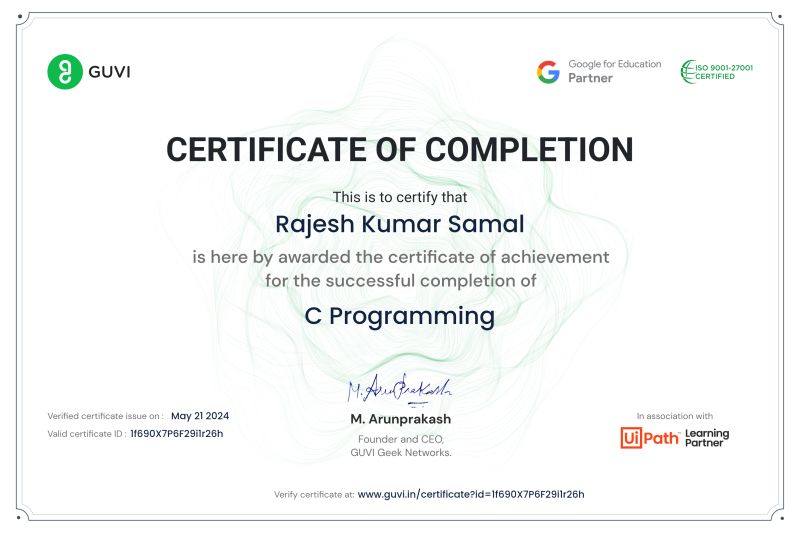 Rajesh Kumar Samal on LinkedIn: #cprogramming #programmingcertificate #guvi Rajesh Kumar Samal on LinkedIn: #cprogramming #programmingcertificate #guvi