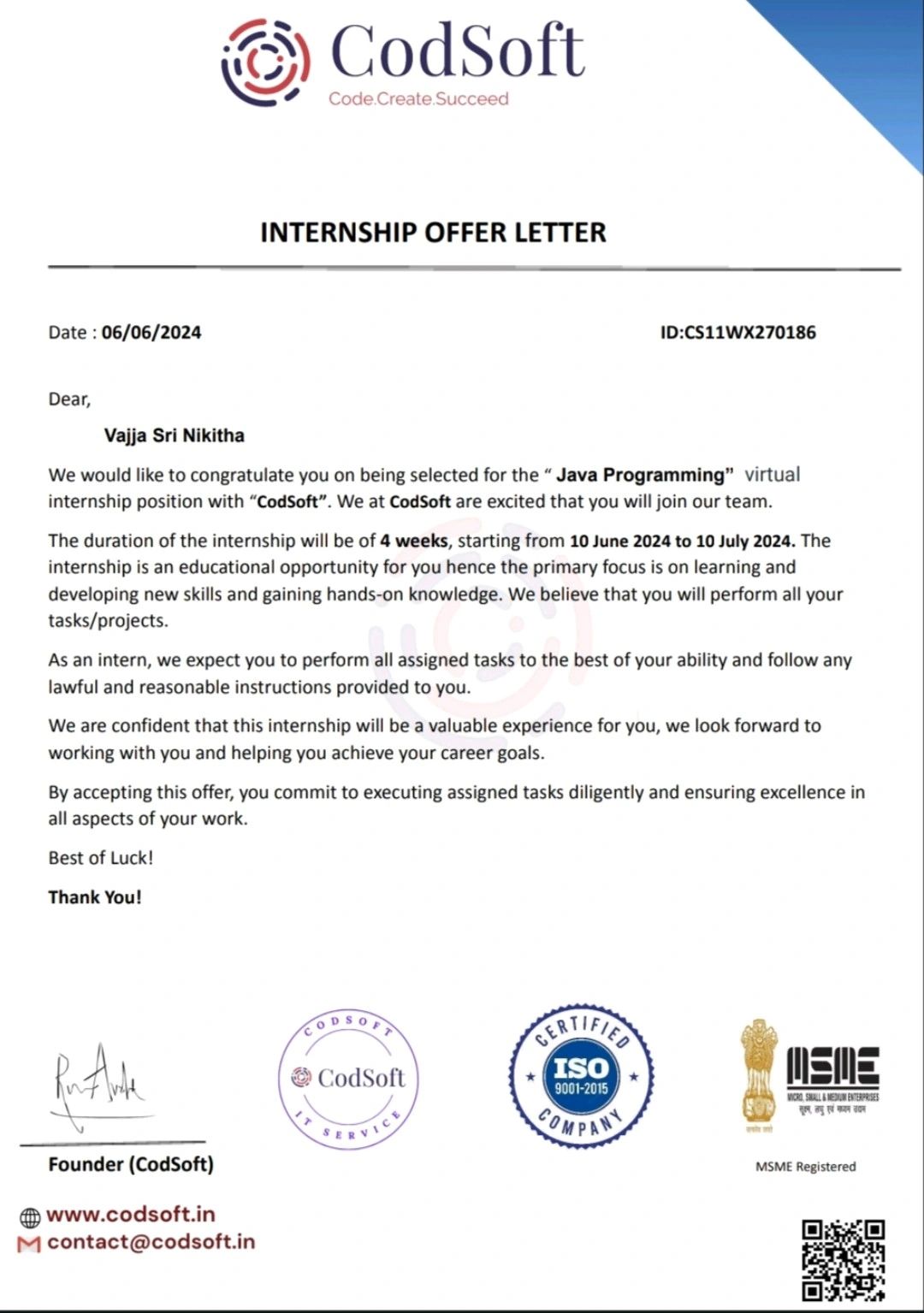 Vajja Sri Nikitha on LinkedIn: #codsoft #java #internship Vajja Sri Nikitha on LinkedIn: #codsoft #java #internship