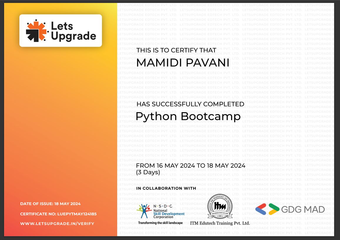 Completed a Python Bootcamp with Lets Upgrade | MAMIDI PAVANI posted on ... Completed a Python Bootcamp with Lets Upgrade | MAMIDI PAVANI posted on ...