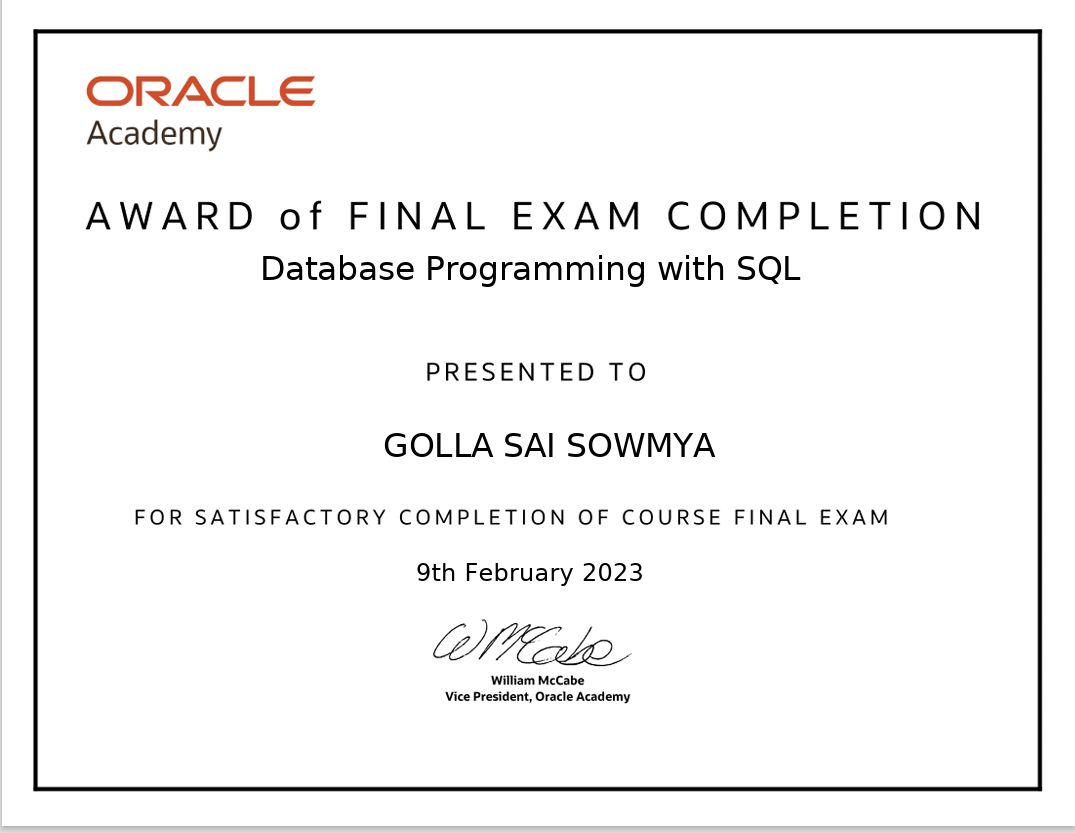 Sai Sowmya Golla on LinkedIn: #oracleacademy #sql #programming #learning Sai Sowmya Golla on LinkedIn: #oracleacademy #sql #programming #learning