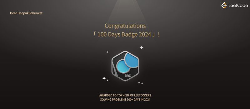 Completed 100 Days of Leetcode on 2024 | Deepak Sehrawat posted on the ... Completed 100 Days of Leetcode on 2024 | Deepak Sehrawat posted on the ...