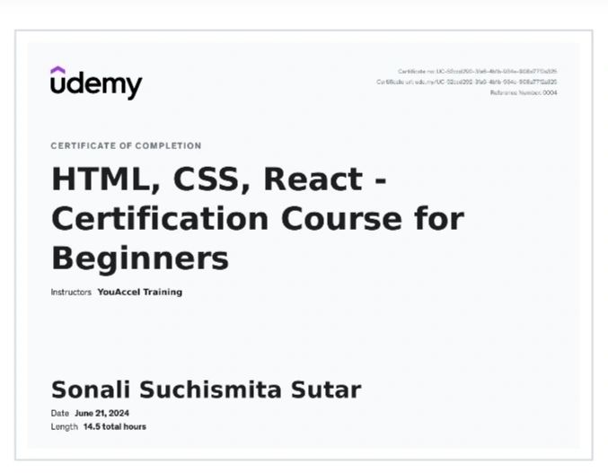 Sonali Suchismita Sutar on LinkedIn: #udemy #certificate #html #css #react Sonali Suchismita Sutar on LinkedIn: #udemy #certificate #html #css #react