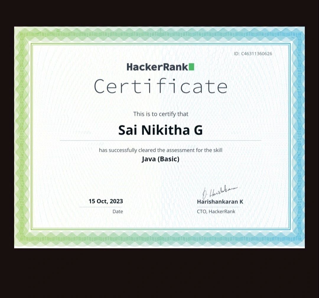 Earned a #hackerank certification | Sai Nikitha posted on the topic ... Earned a #hackerank certification | Sai Nikitha posted on the topic ...