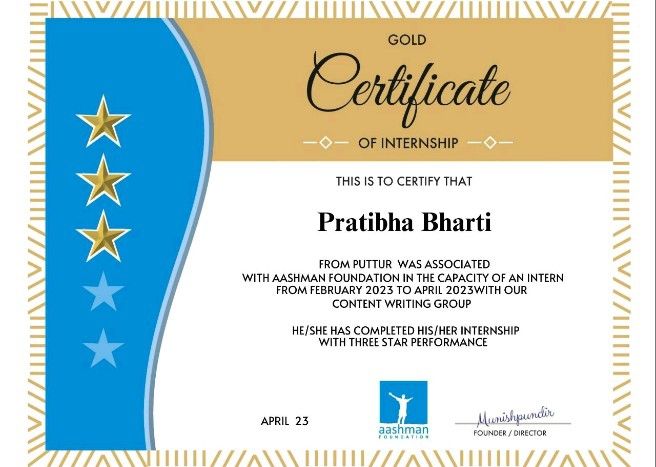 Pratibha Bharti on LinkedIn: completed internship in Aashman foundation. Pratibha Bharti on LinkedIn: completed internship in Aashman foundation.