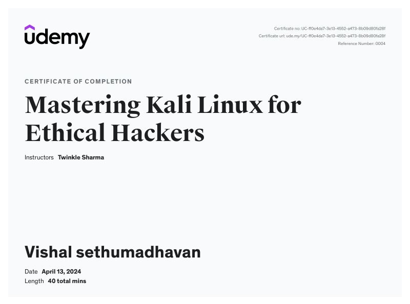 Vishal Sethumadhavan on LinkedIn: Completed 'Mastering Kali Linux for ... Vishal Sethumadhavan on LinkedIn: Completed 'Mastering Kali Linux for ...