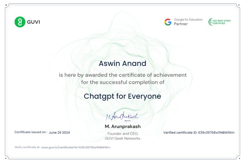 Aswin A on LinkedIn: #certification #achievement #ai #chatgpt #guvi # ... Aswin A on LinkedIn: #certification #achievement #ai #chatgpt #guvi # ...