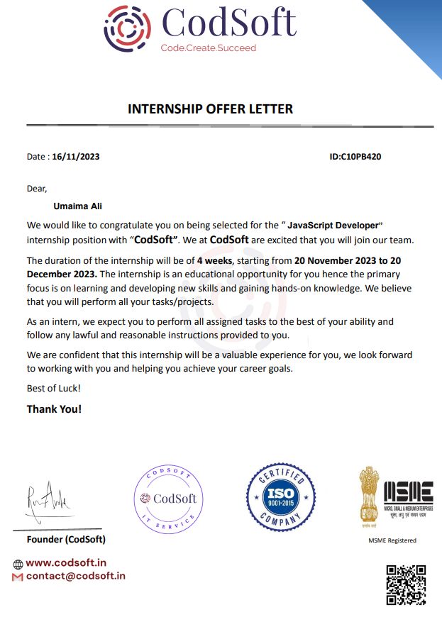 Umaima Ali on LinkedIn: #internship #codsoft #codsoftinternship Umaima Ali on LinkedIn: #internship #codsoft #codsoftinternship