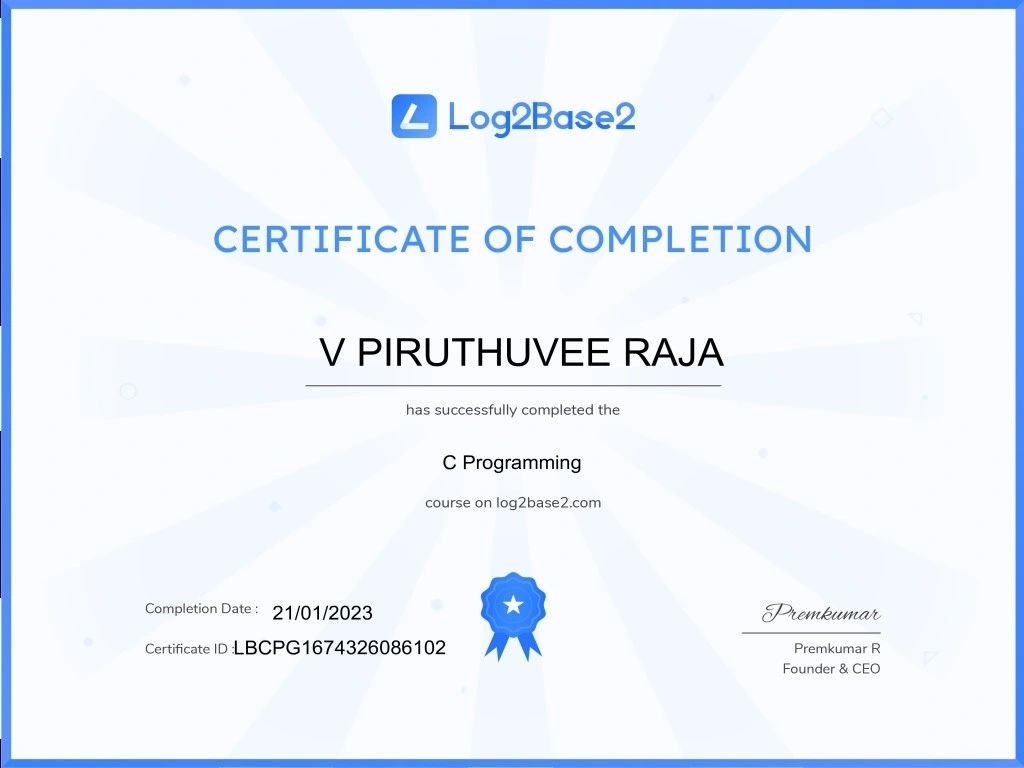 V PIRUTHUVEE RAJA on LinkedIn: #cprogramming #certification #techskills ... V PIRUTHUVEE RAJA on LinkedIn: #cprogramming #certification #techskills ...